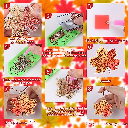 12 Pieces Fall Diamond Painting Keychains Fall Leaves Diamond Art Key Rings Double Sided Full Drill Maple Leaf 5D Diamond Pendants DIY Diamonds Hanging Ornaments for Autumn Thanksgiving Party Decor