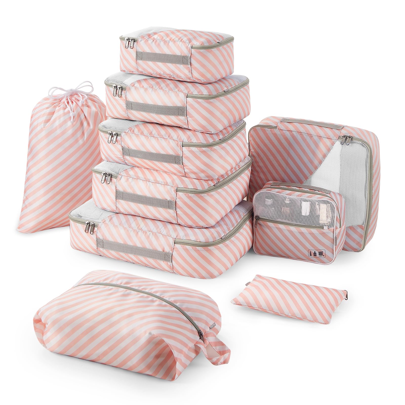 OlarHike Travel Essentials ALL INCLUDED 10 Set Sturdy Packing Cubes for Suitcases, UPGRADED Anti-Tear Stitching, NEW Improved Luggage Packing Organizers for Travel Accessories(Pink stripes)