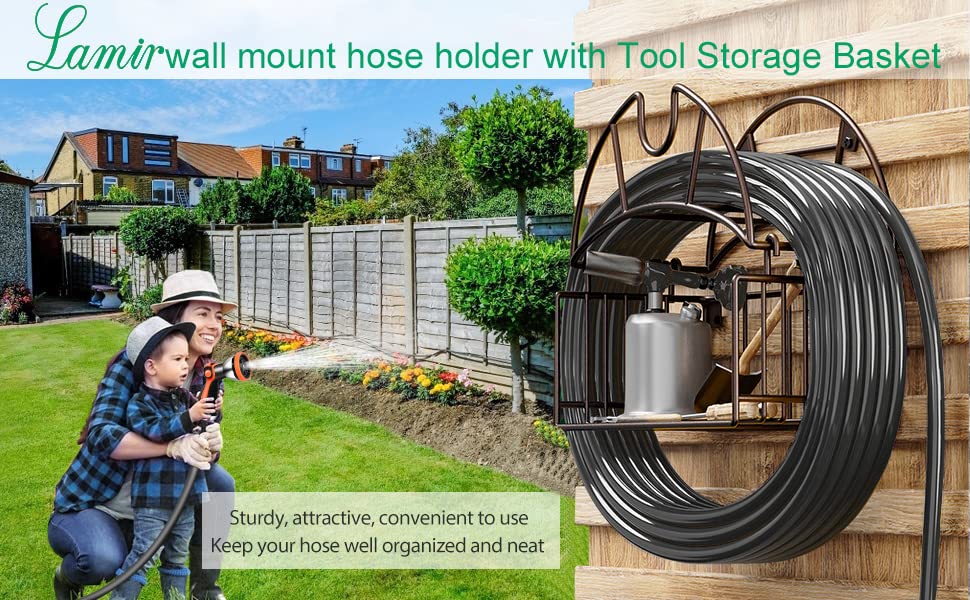 Lamir Heavy Duty Metal Water Hose Rack with Tool Basket, Brown, Outdoor Use