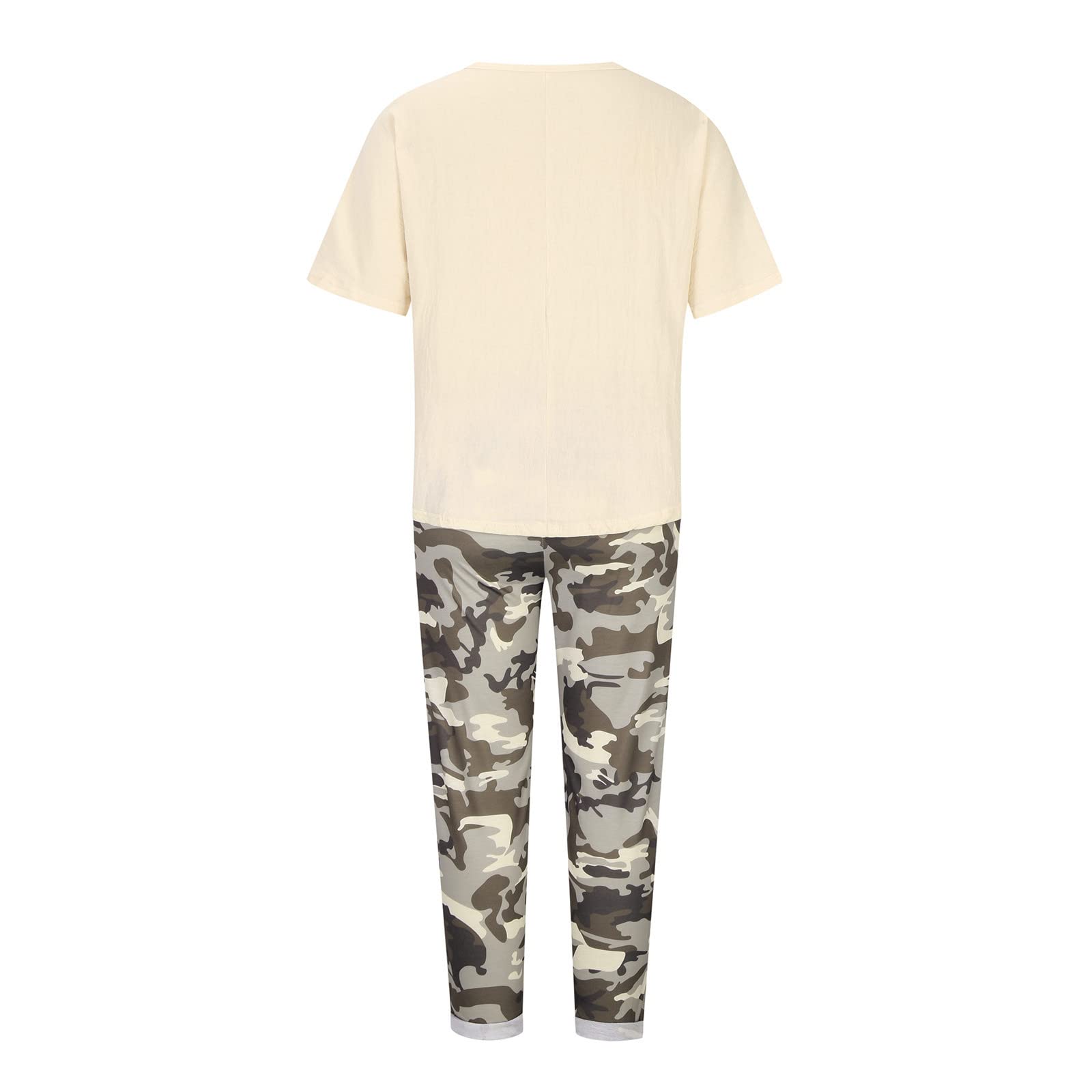 Buy Again 2 Piece Outfits for Women Cotton Linen Sets Plus Size Casual Loose Fit Tops Drawstring Camo Pants Tracksuit Set