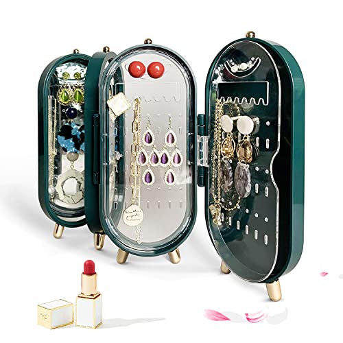 CANITORON Earring Organizer Stand，4-Layer Small Foldable Dustproof Jewelry Holder with 153 Holes For Women Earrings, Earring Backs, Necklaces,Display Jewelry Organizer-Green