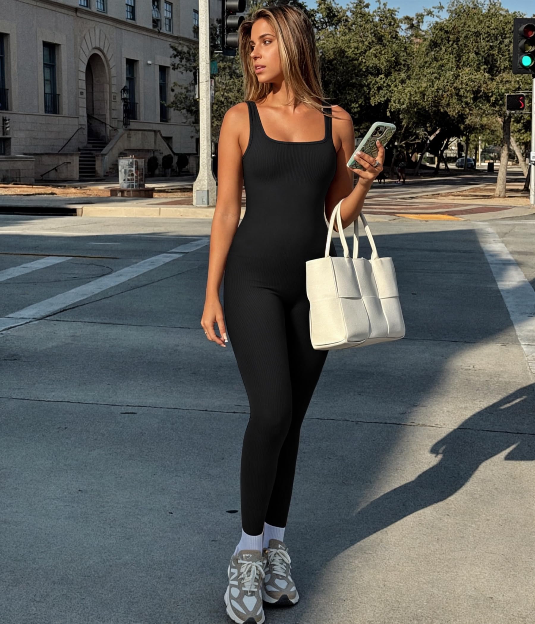 TrainingGirl Womens One Piece Workout Jumpsuits Square Neck Tank Tops Rompers Ribbed Sleeveless Exercise Unitard Yoga Bodycon (Black, Small)