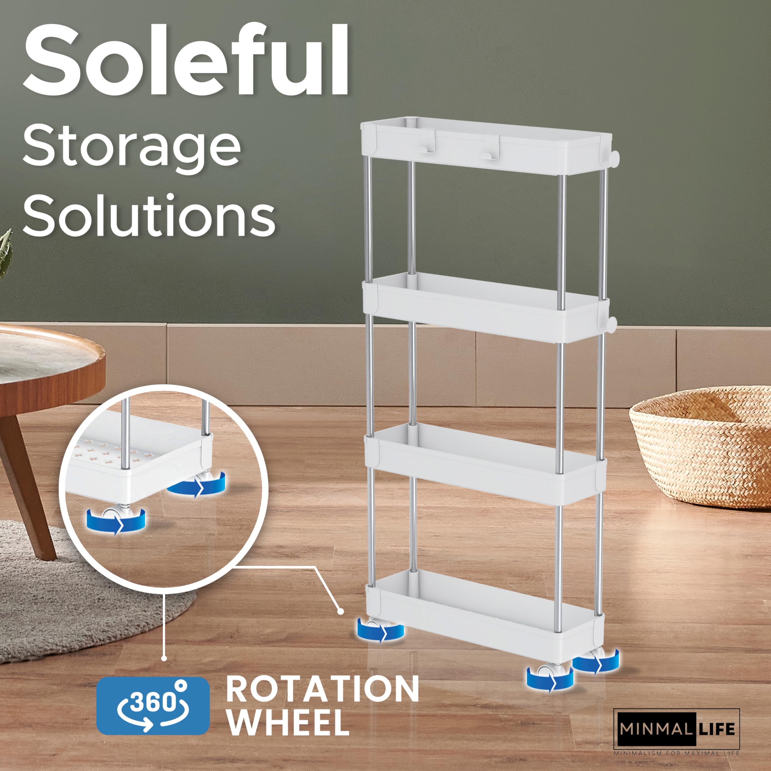 Minmallife MINMALLIFE 4 Tier Slim Rolling Cart - Slim Rolling Storage Cart - Slim Storage Cart with Wheels - Skinny Rolling Storage Cart - Slim Rolling Cart Space Saver, 40x13x85 cm