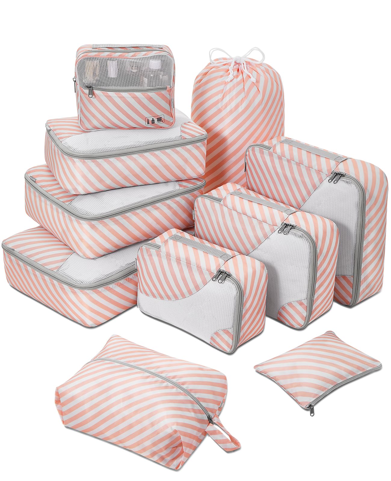 OlarHike Travel Essentials ALL INCLUDED 10 Set Sturdy Packing Cubes for Suitcases, UPGRADED Anti-Tear Stitching, NEW Improved Luggage Packing Organizers for Travel Accessories(Pink stripes)