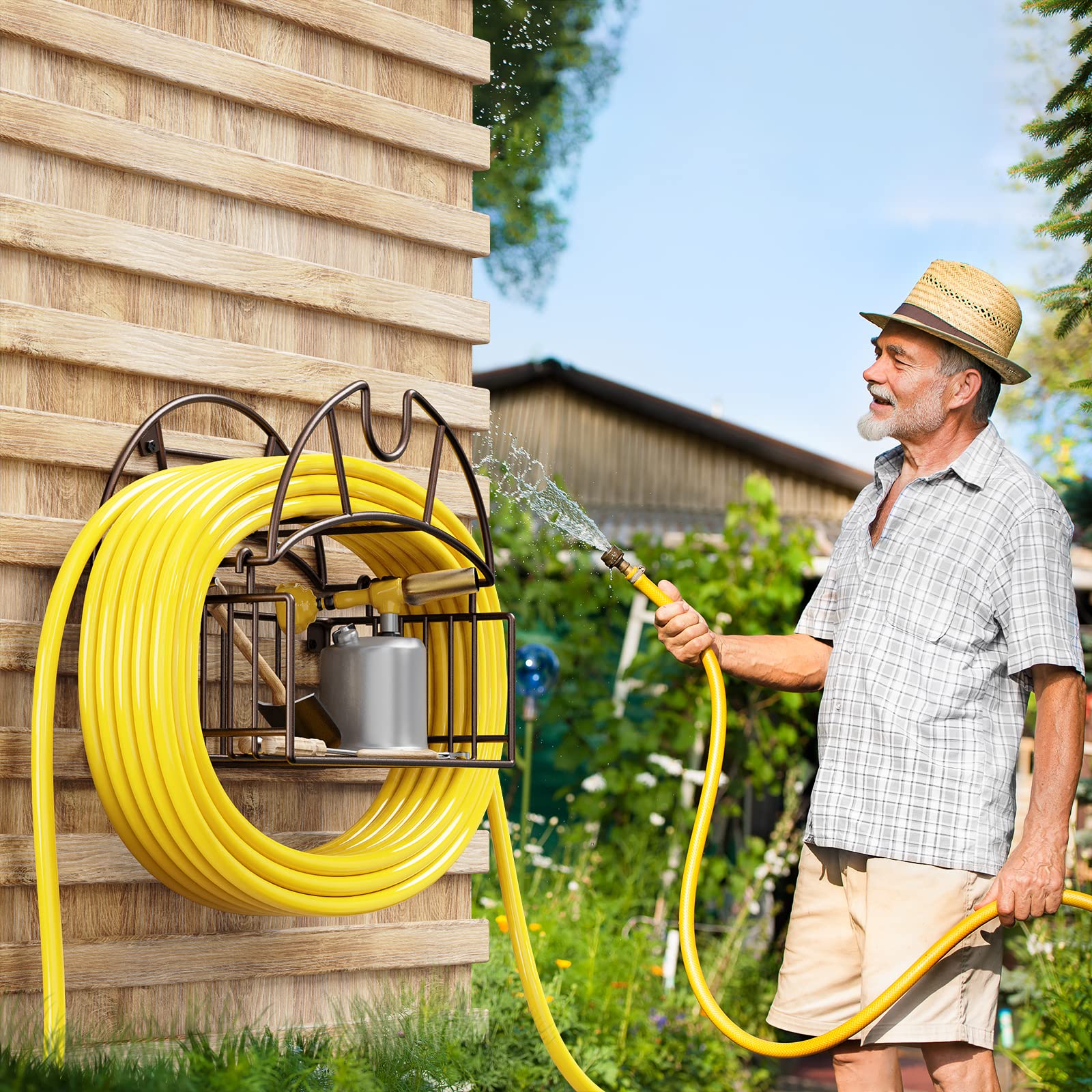 Lamir Heavy Duty Metal Water Hose Rack with Tool Basket, Brown, Outdoor Use