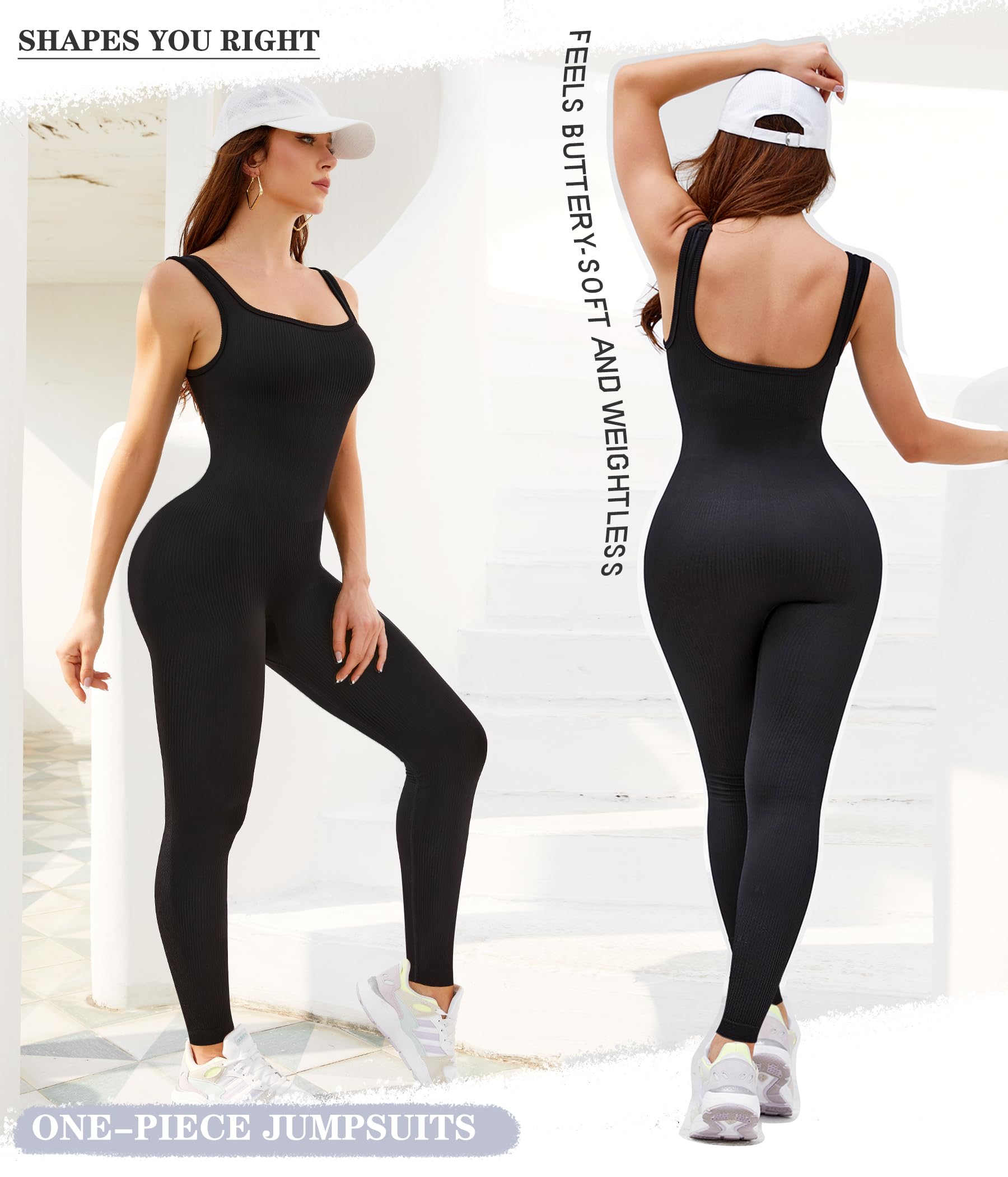 TrainingGirl Womens One Piece Workout Jumpsuits Square Neck Tank Tops Rompers Ribbed Sleeveless Exercise Unitard Yoga Bodycon (Black, Small)