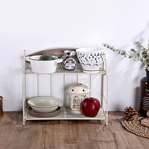 Funly mee 2 Tier Kitchen Countertop Spice Rack, Bathroom Metal and Wood Foldable Shelf Organizer (Rustic White)