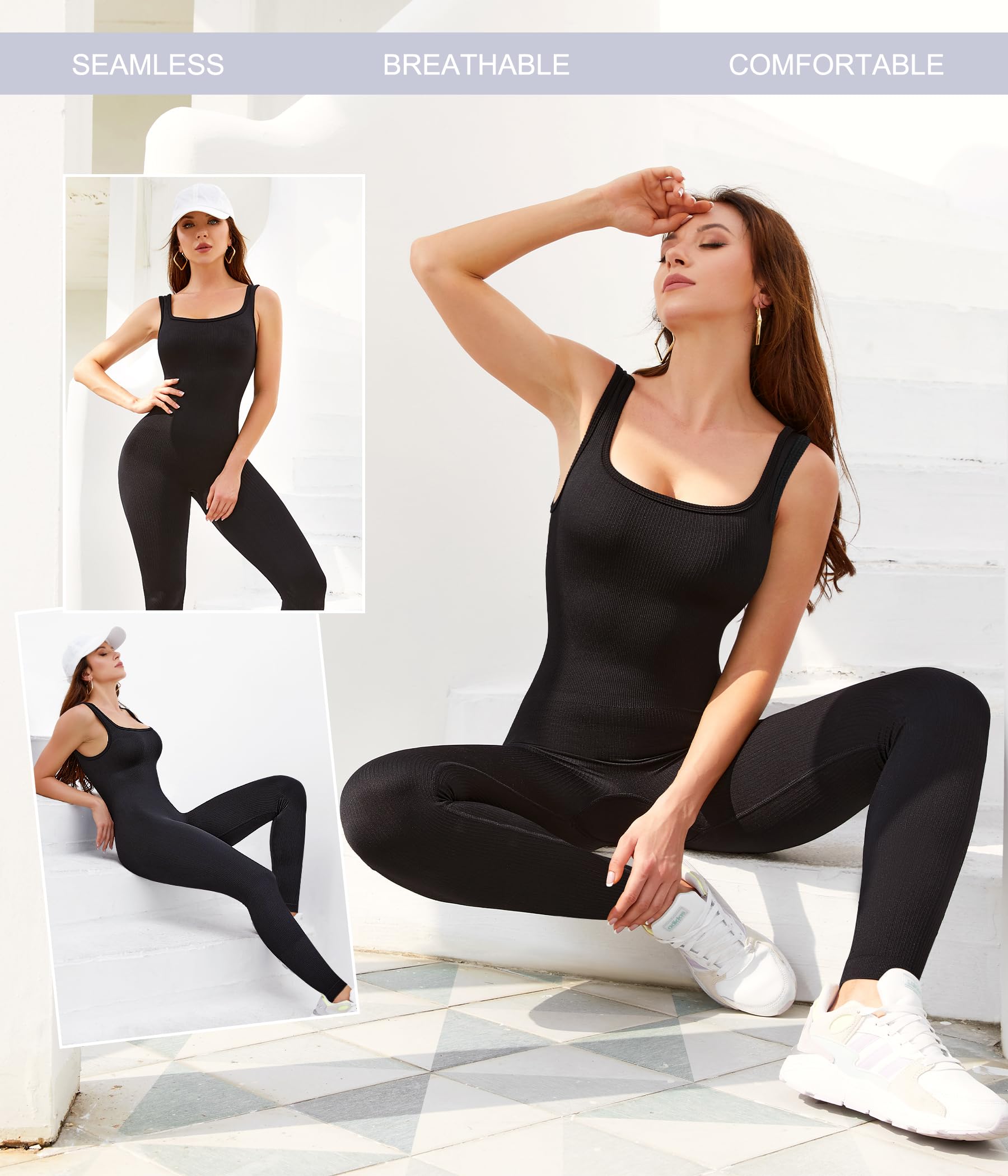 TrainingGirl Womens One Piece Workout Jumpsuits Square Neck Tank Tops Rompers Ribbed Sleeveless Exercise Unitard Yoga Bodycon (Black, Small)