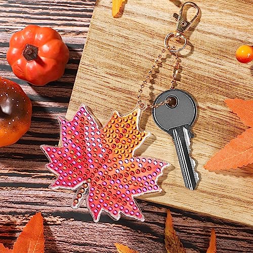 12 Pieces Fall Diamond Painting Keychains Fall Leaves Diamond Art Key Rings Double Sided Full Drill Maple Leaf 5D Diamond Pendants DIY Diamonds Hanging Ornaments for Autumn Thanksgiving Party Decor