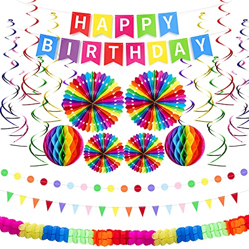 UNIIDECO 22 pcs/set Colorful Rainbow Happy Birthday Decorations Kit, Mexican Fiesta Decoration, Candy Themed Bday Party Supplies Decor For Men Women Kids Boy Girl, Including Banner Pompoms Streamers