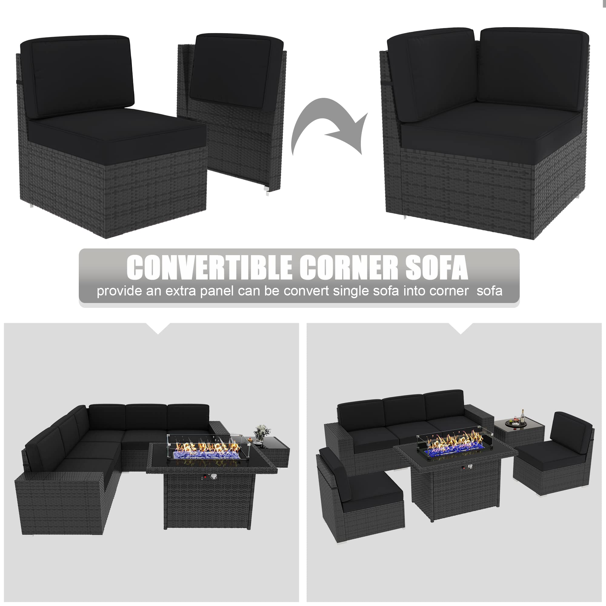 LayinSun 7 Pieces Outdoor Patio Furniture Set with 44" Fire Pit Table Rattan Sectional Sofa Conversation Sets