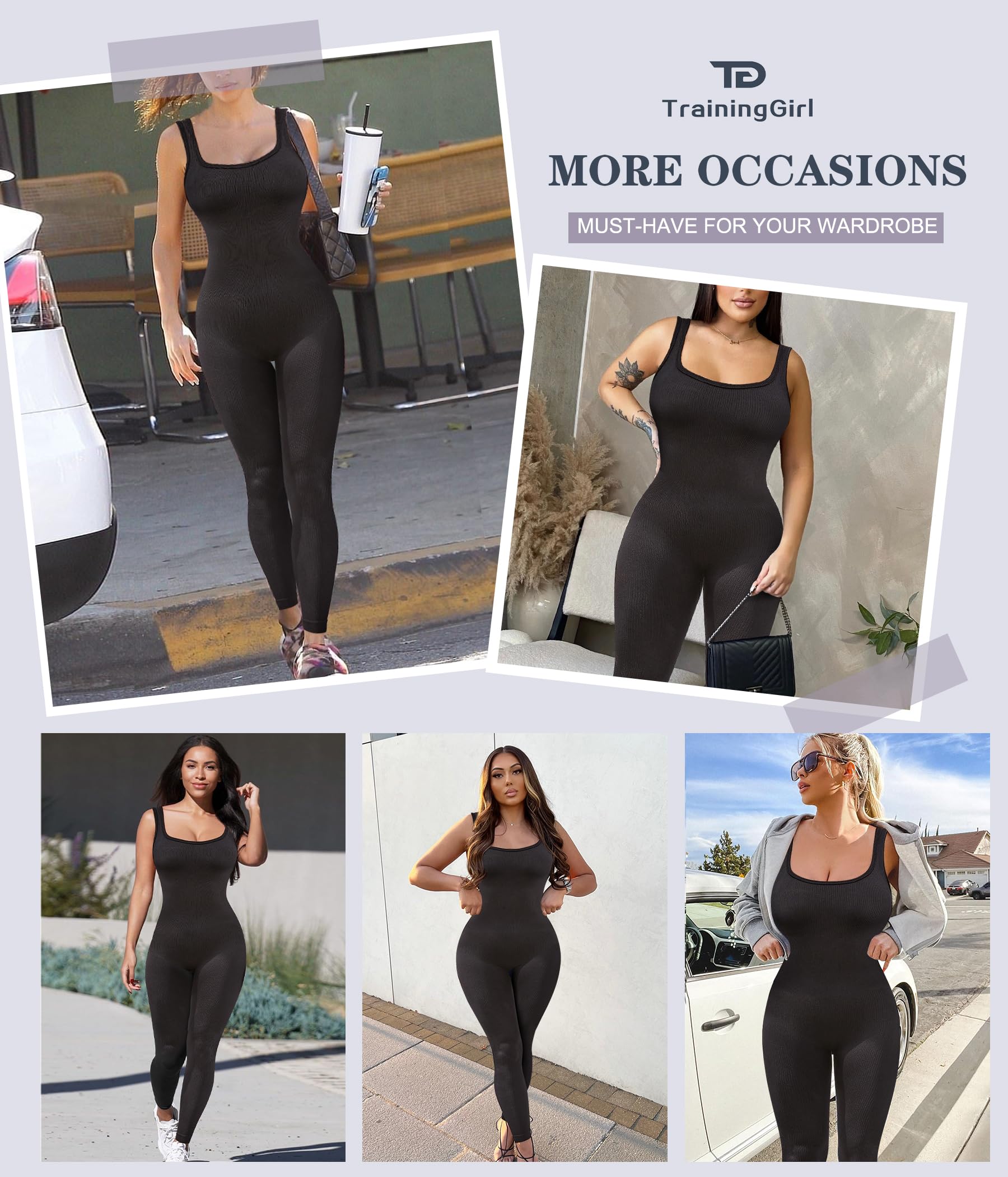TrainingGirl Womens One Piece Workout Jumpsuits Square Neck Tank Tops Rompers Ribbed Sleeveless Exercise Unitard Yoga Bodycon (Black, Small)
