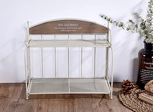Funly mee 2 Tier Kitchen Countertop Spice Rack, Bathroom Metal and Wood Foldable Shelf Organizer (Rustic White)