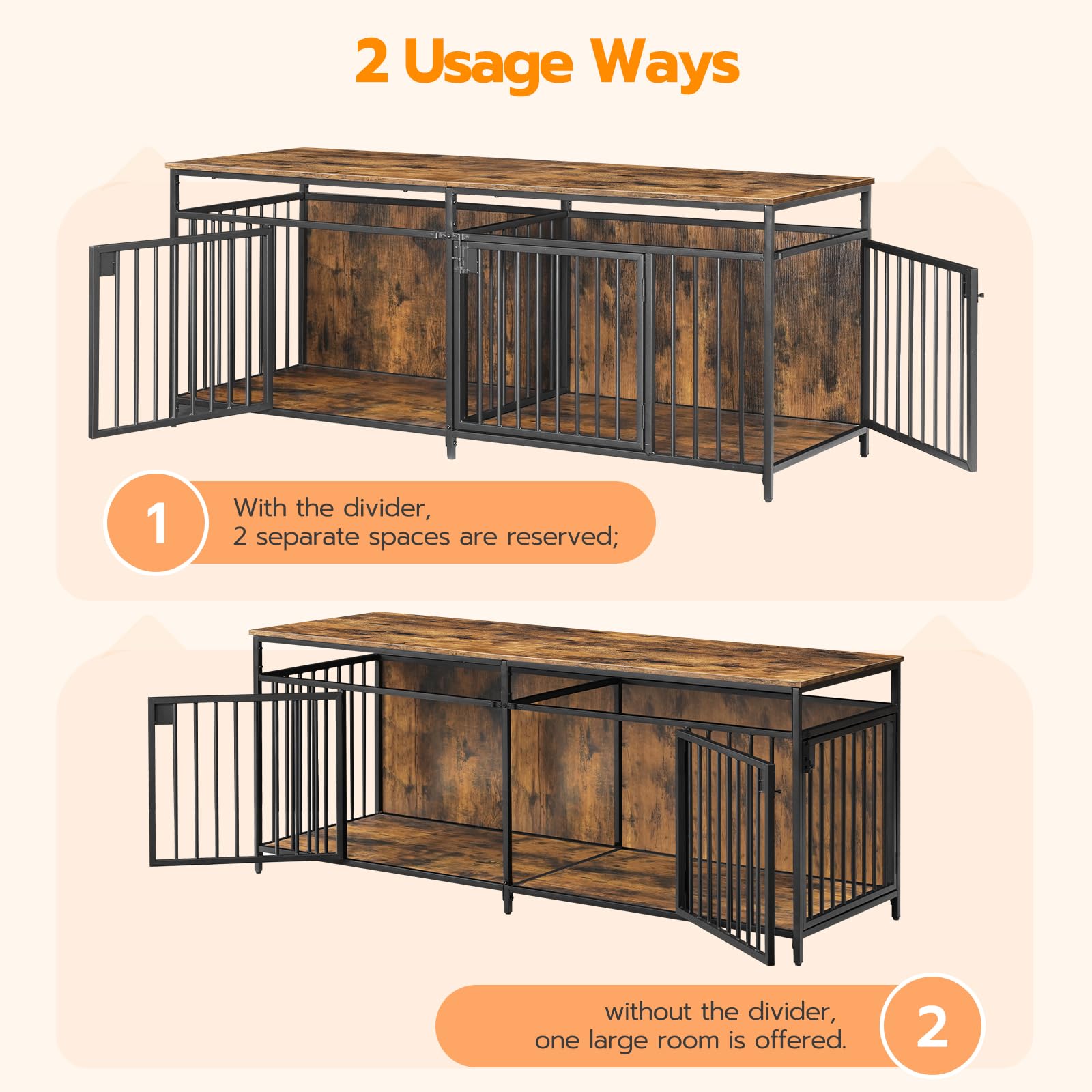 HOOBRO Dog Crate Furniture, 62.9" Dog Kennel Indoor End Table with Removable Divider, Three Doors Wooden Cage for Large/Medium/Small Dog, Heavy-Duty Chew-Resistant, Rustic Brown and Black BF160GW03