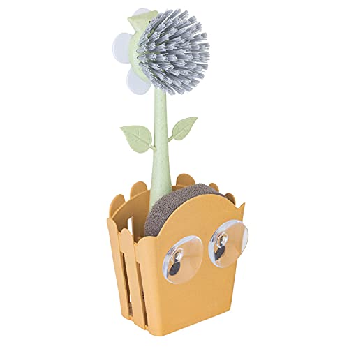 Vigar Florganic 3-piece Sink Caddy Set, Eco-friendly Daisy-shaped Dish Brush, Sponge and Fence-shaped Holder with Suction Cup, Orange