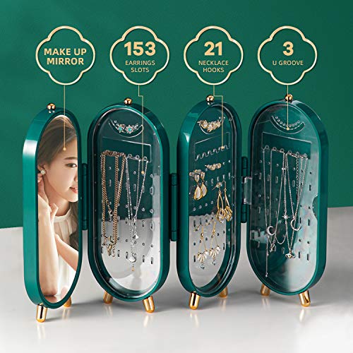 CANITORON Earring Organizer Stand,4-Layer Small Foldable Dustproof Jewelry Holder with 153 Holes For Women Earrings, Earring Backs, Necklaces,Display Jewelry Organizer-Green