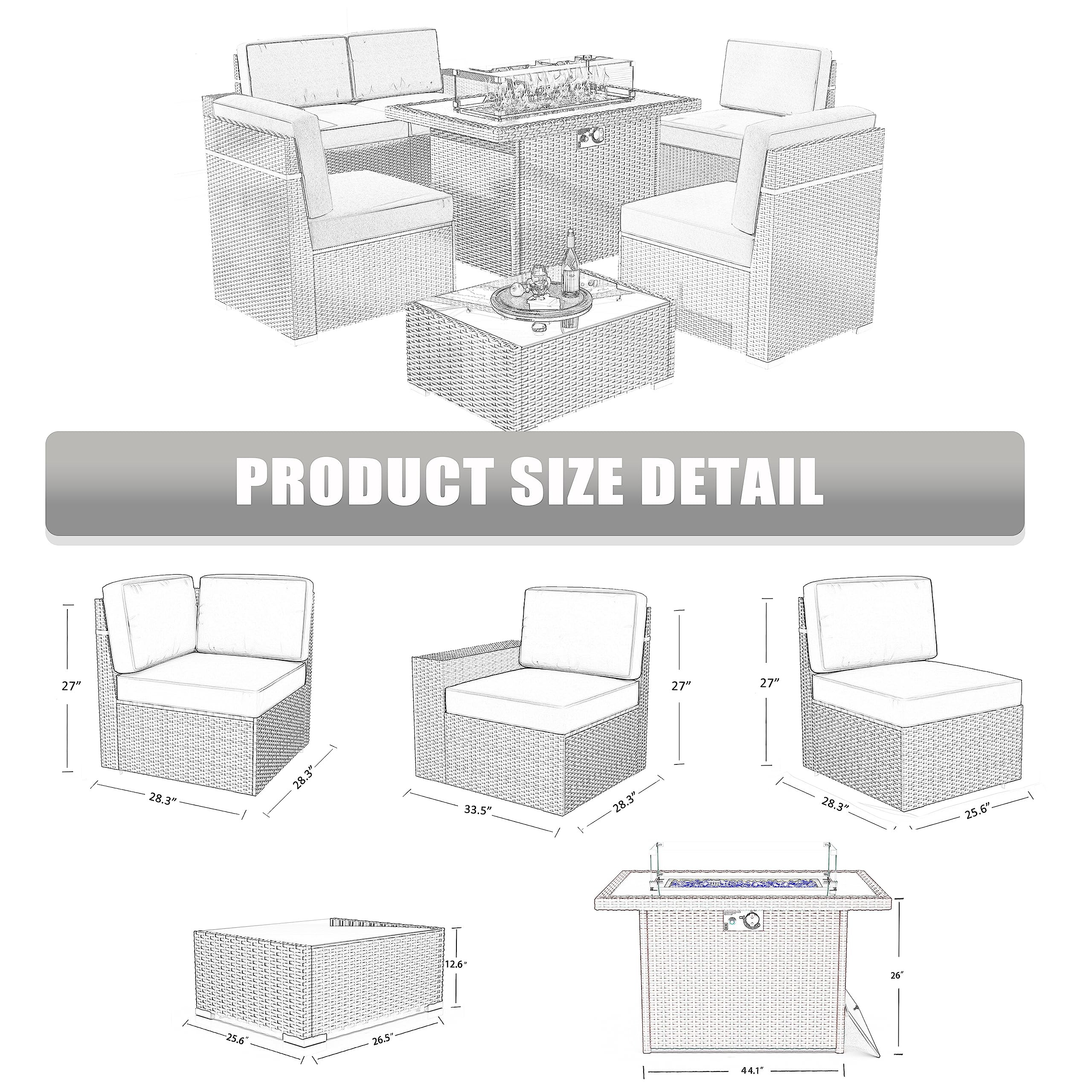 LayinSun 7 Pieces Outdoor Patio Furniture Set with 44" Fire Pit Table Rattan Sectional Sofa Conversation Sets