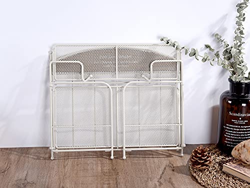 Funly mee 2 Tier Kitchen Countertop Spice Rack, Bathroom Metal and Wood Foldable Shelf Organizer (Rustic White)