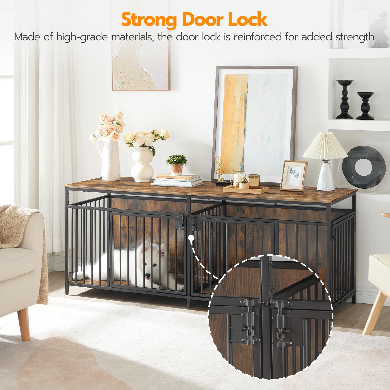 HOOBRO Dog Crate Furniture, 62.9" Dog Kennel Indoor End Table with Removable Divider, Three Doors Wooden Cage for Large/Medium/Small Dog, Heavy-Duty Chew-Resistant, Rustic Brown and Black BF160GW03