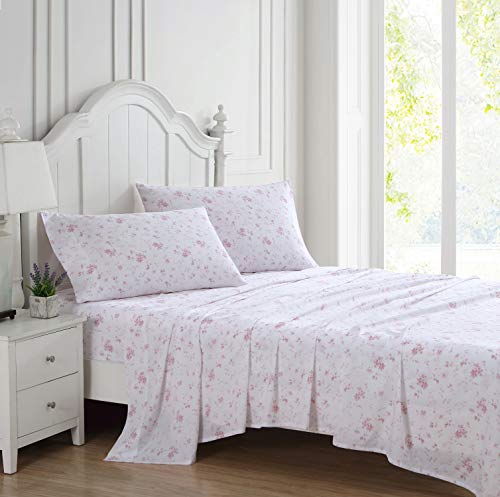 Laura Ashley Home - Queen Sheets, Soft Sateen Cotton Bedding Set - Sleek, Smooth, & Breathable Home Decor, Garden Muse Pink