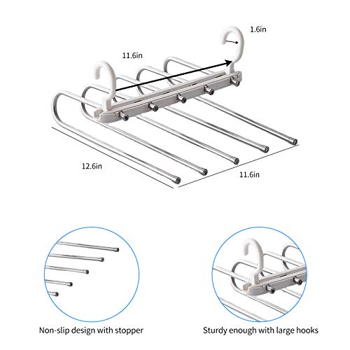 Magic Pant Hanger Multi Functional Non-Slip Pants Rack 5 Layers Space Saving Closet Storage Organizer for Jeans Trousers Pants Scarf Skirts 1 Pack (Grey)