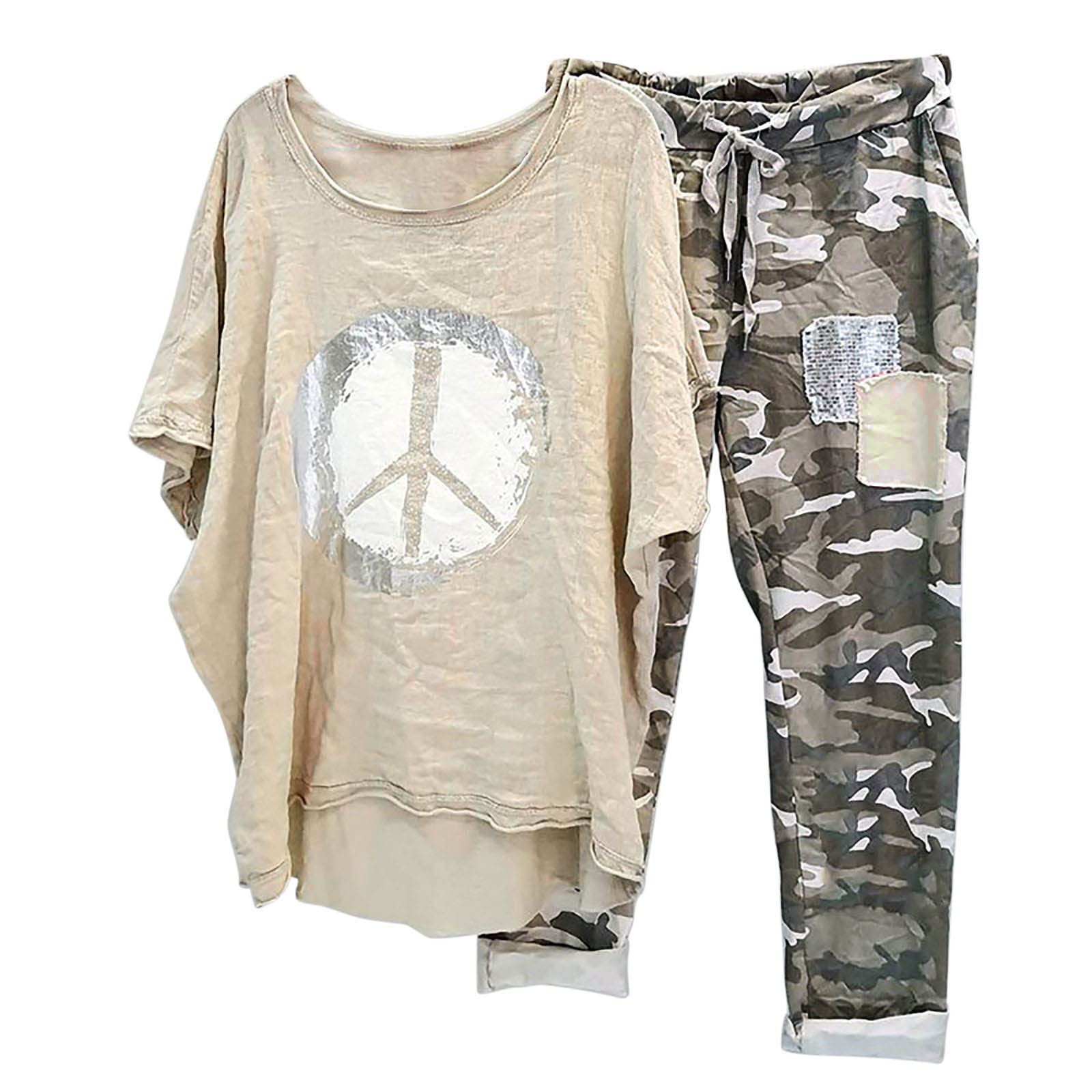 Buy Again 2 Piece Outfits for Women Cotton Linen Sets Plus Size Casual Loose Fit Tops Drawstring Camo Pants Tracksuit Set