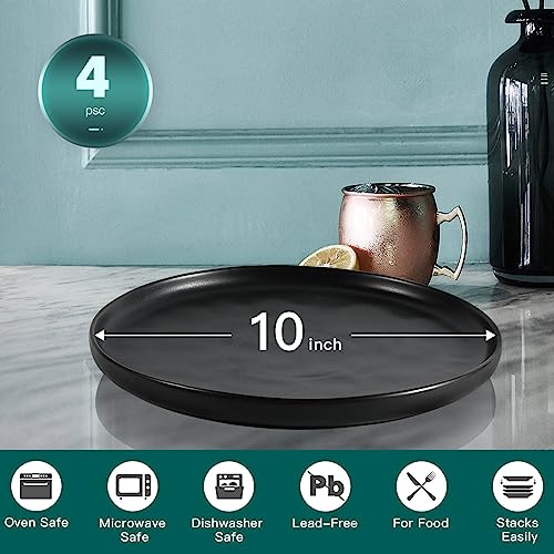 Vidalenta Porcelain Dinner Plates Set of 4, 10 Inch Salad Plate Set, Ceramic Pasta Plate Set Serving Dishes Small Plates Modern Dinnerware Set, Microwave Oven and Dishwasher Safe, Matte Black