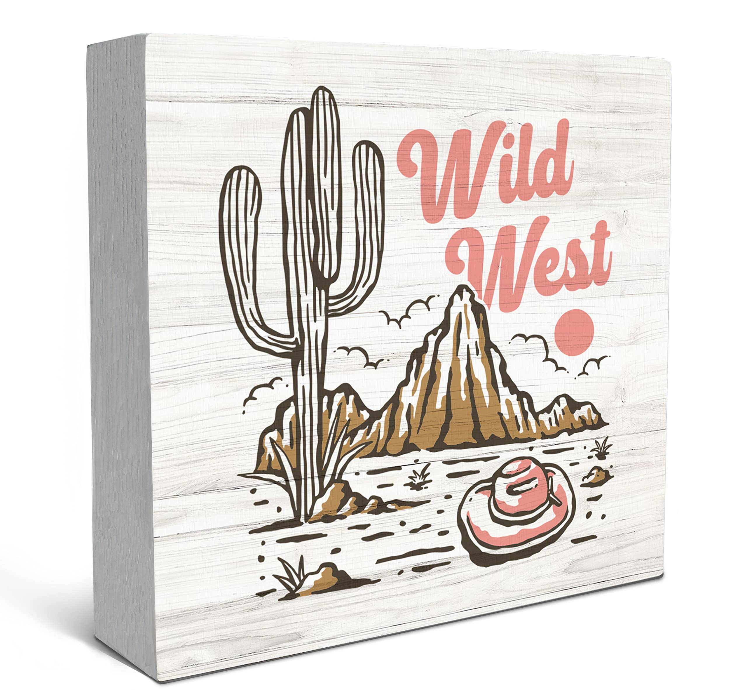 SRADMO Retro Western Country Cowboy Hat Cactus Mountain Wood Box Sign Desk Decor，Wild West Wooden Block Box Sign Decoration For Western Home Shelf Table Decor