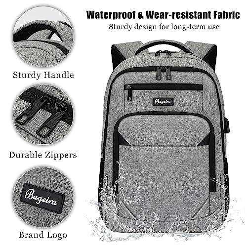 Laptop Backpack 17.3 Inch, School Backpack with USB Charging Port for teen boys, Unisex Large Travel Backpacks, Anti-theft Work Bookbags, Back to School College Backpack with Compartment, Grey