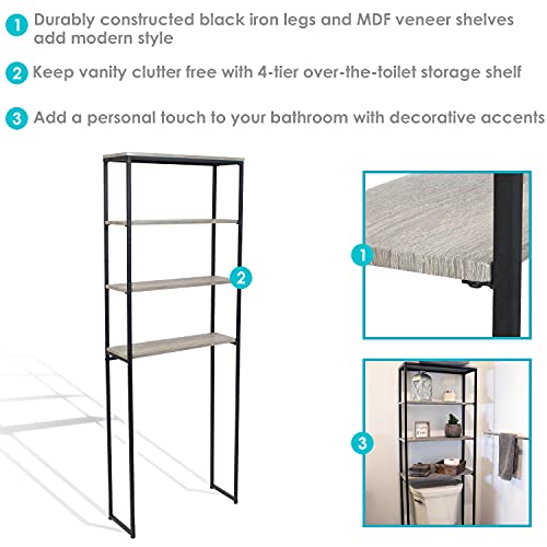 Sunnydaze 4-Tier Over The Toilet Storage Shelf - Industrial Style with Freestanding Open Shelves with Veneer Finish and Black Iron Frame - Etagere Bathroom Space-Saver Organizer - Oak Gray - 69-Inch