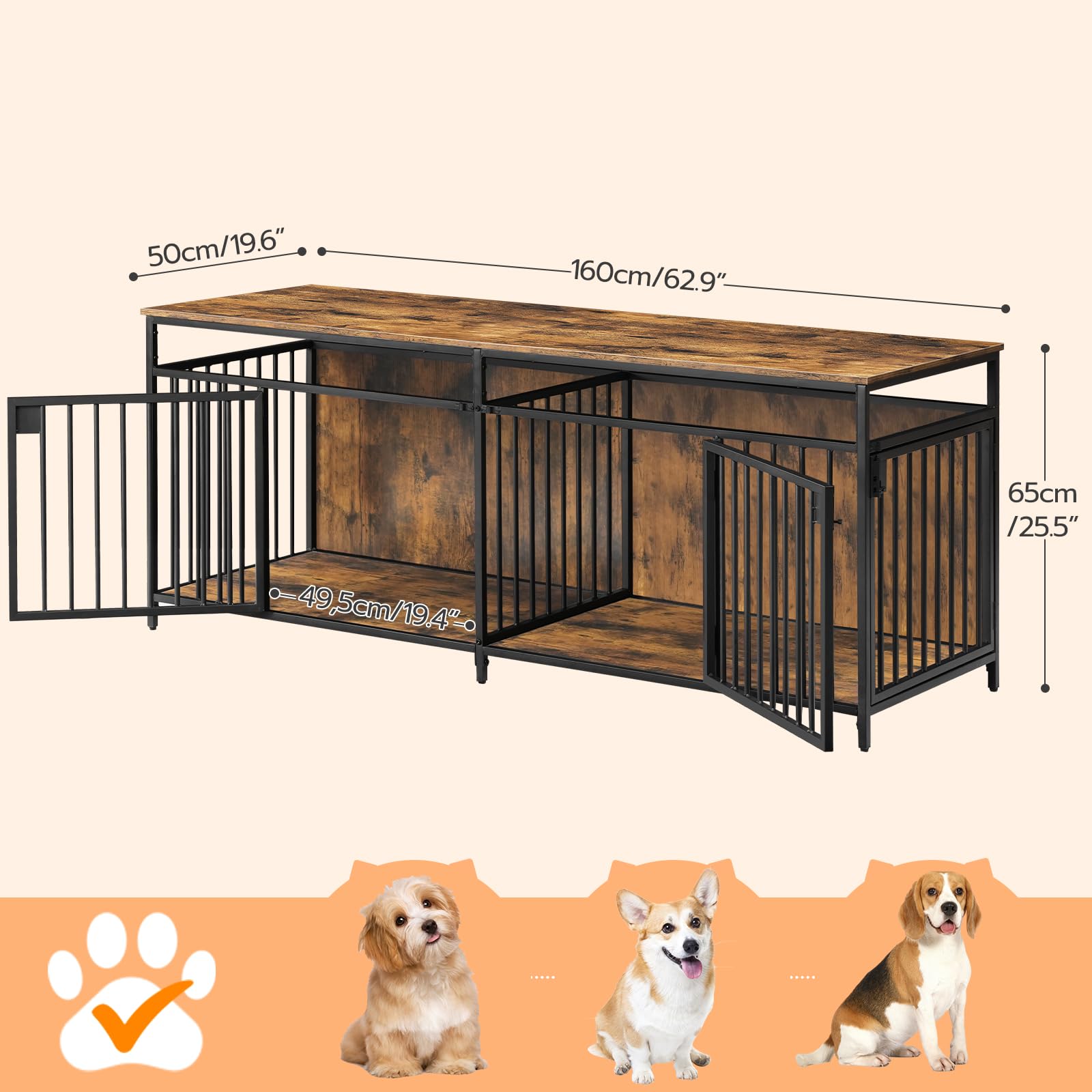 HOOBRO Dog Crate Furniture, 62.9" Dog Kennel Indoor End Table with Removable Divider, Three Doors Wooden Cage for Large/Medium/Small Dog, Heavy-Duty Chew-Resistant, Rustic Brown and Black BF160GW03