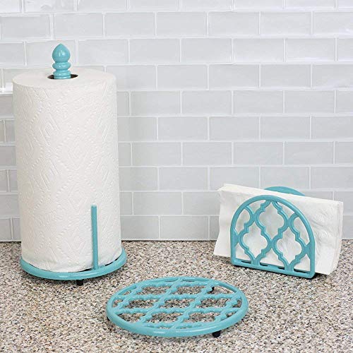 Home Basics Lattice Cast Iron Collection | Turquoise | Sleek Intricate Design | Upright Napkin Holder | Trivet | Paper Towel Holder