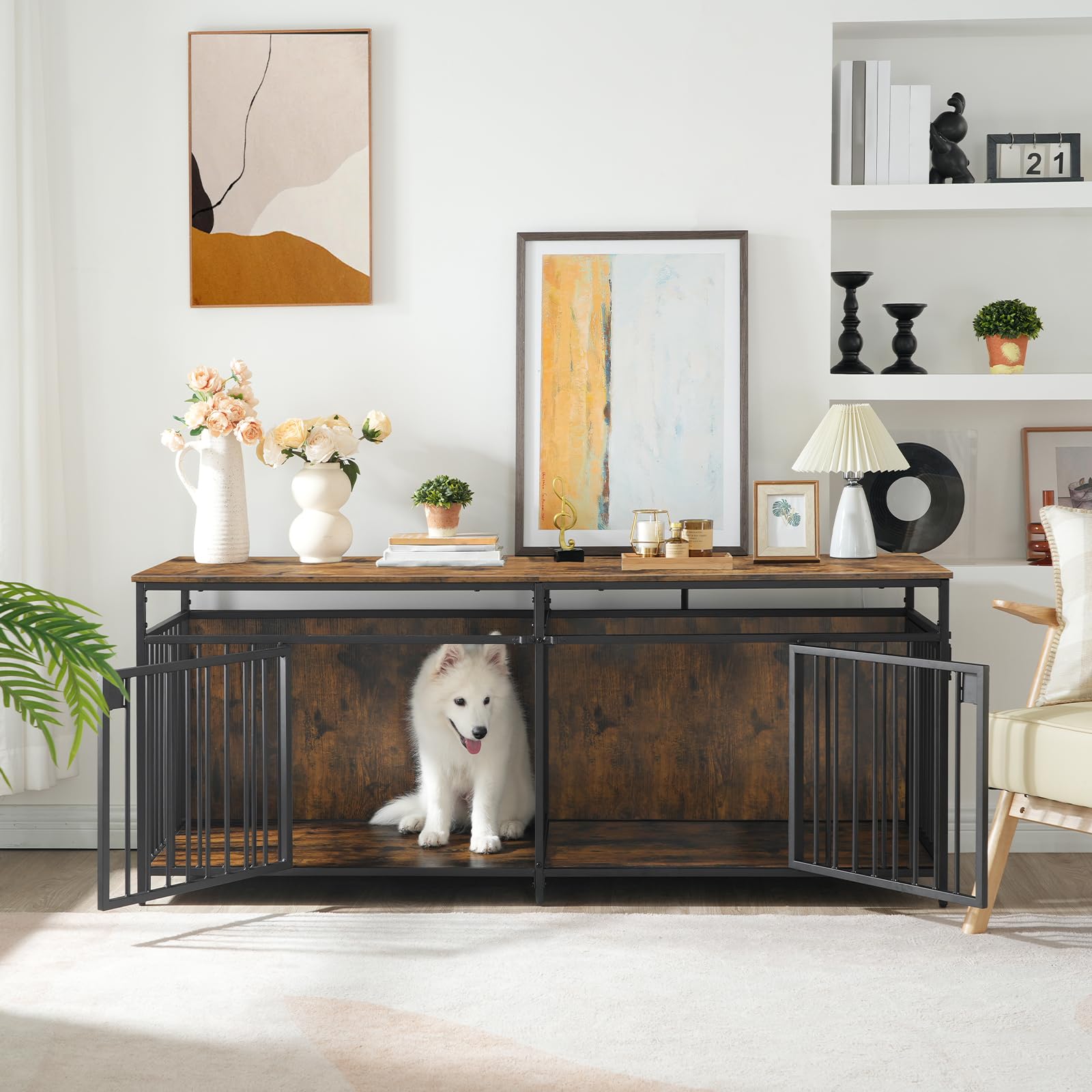 HOOBRO Dog Crate Furniture, 62.9" Dog Kennel Indoor End Table with Removable Divider, Three Doors Wooden Cage for Large/Medium/Small Dog, Heavy-Duty Chew-Resistant, Rustic Brown and Black BF160GW03