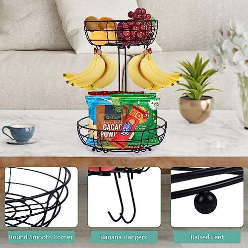 Sishynio 2-Tier Fruit Basket Bowl with 2 Banana Hangers for Kitchen Counter, Metal Wire Basket Vegetable Storage Countertop Fruits Stand Organizer, Detachable Fruit Holder for Bread, Snack, Veggies
