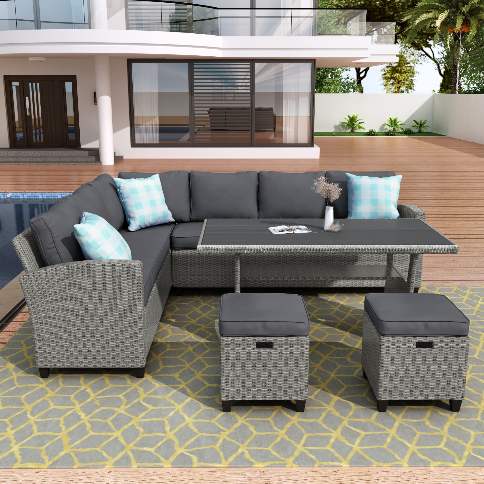 FANYE 5 Pieces All Weather Outdoor Patio Furniture Conversation Sets PE Wicker Rattan Sectional Couch Include 1 Table, 2 Sofas, 2 Ottomans and 3 Pillows Corner, Dark Gray