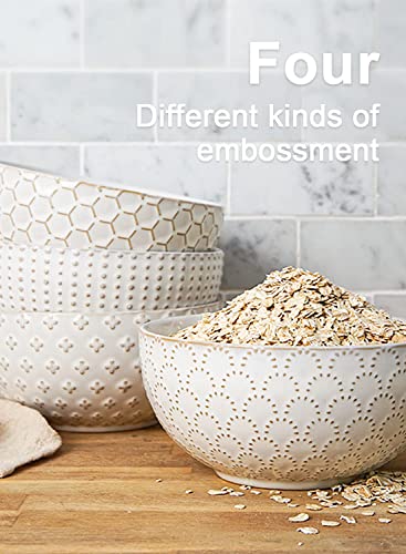 LE TAUCI Cereal bowls 26 OZ, Ceramic Soup Bowl for Kitchen, Embossment Stoneware Bowl House-warming Gift for Soup, Pho, Chip, Fruits, Salad, Noodle, Ramen - 6 Inch, Set of 4, Arctic white
