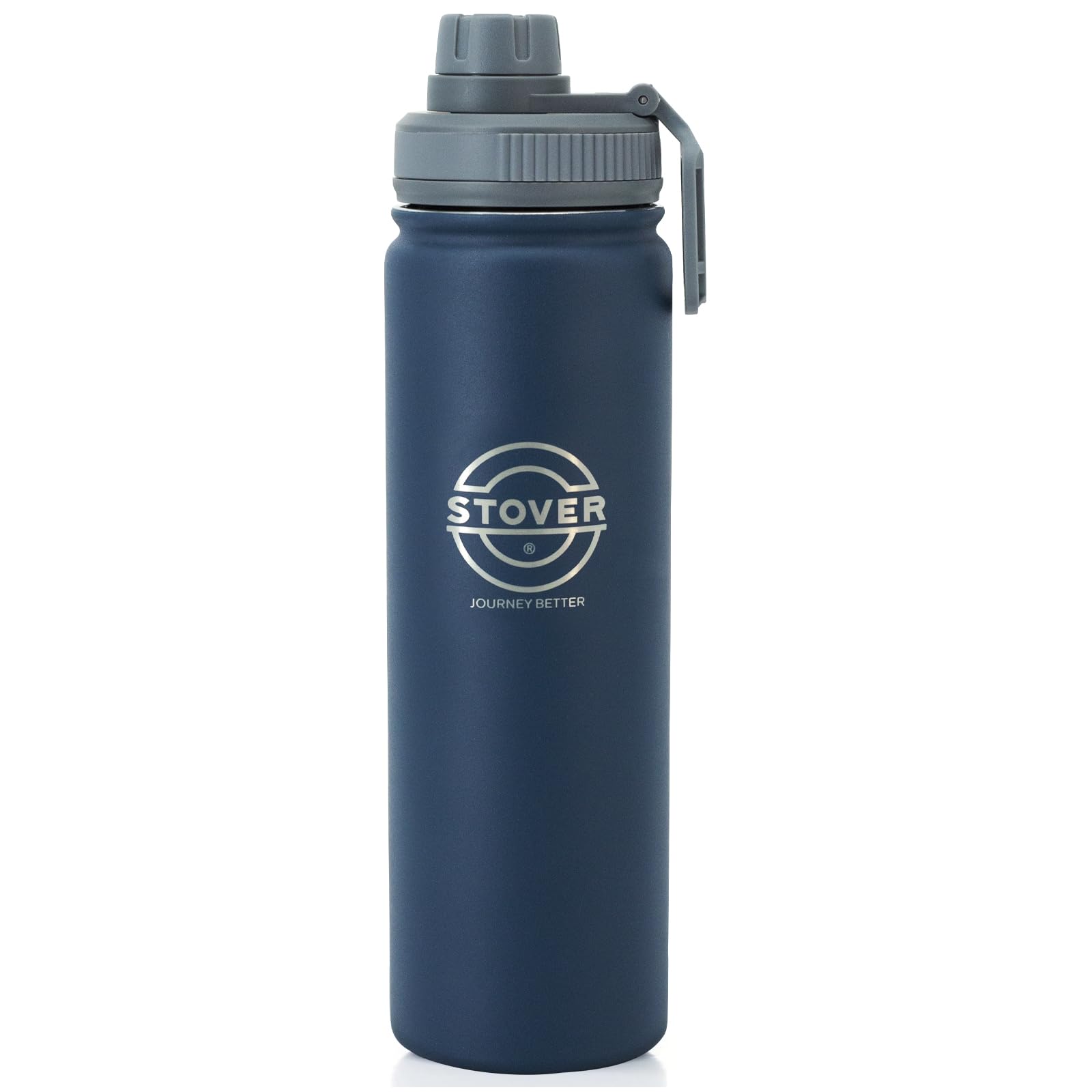 STOVER 25oz Insulated Water Bottle, Wide Mouth Double-Walled Stainless Steel- Vacuum Sealed, Leakproof, Durable, Slim Design Fits in Cup Holder- Flip Top Lid/Spout for Travel- Women/Men (Navy Blue)