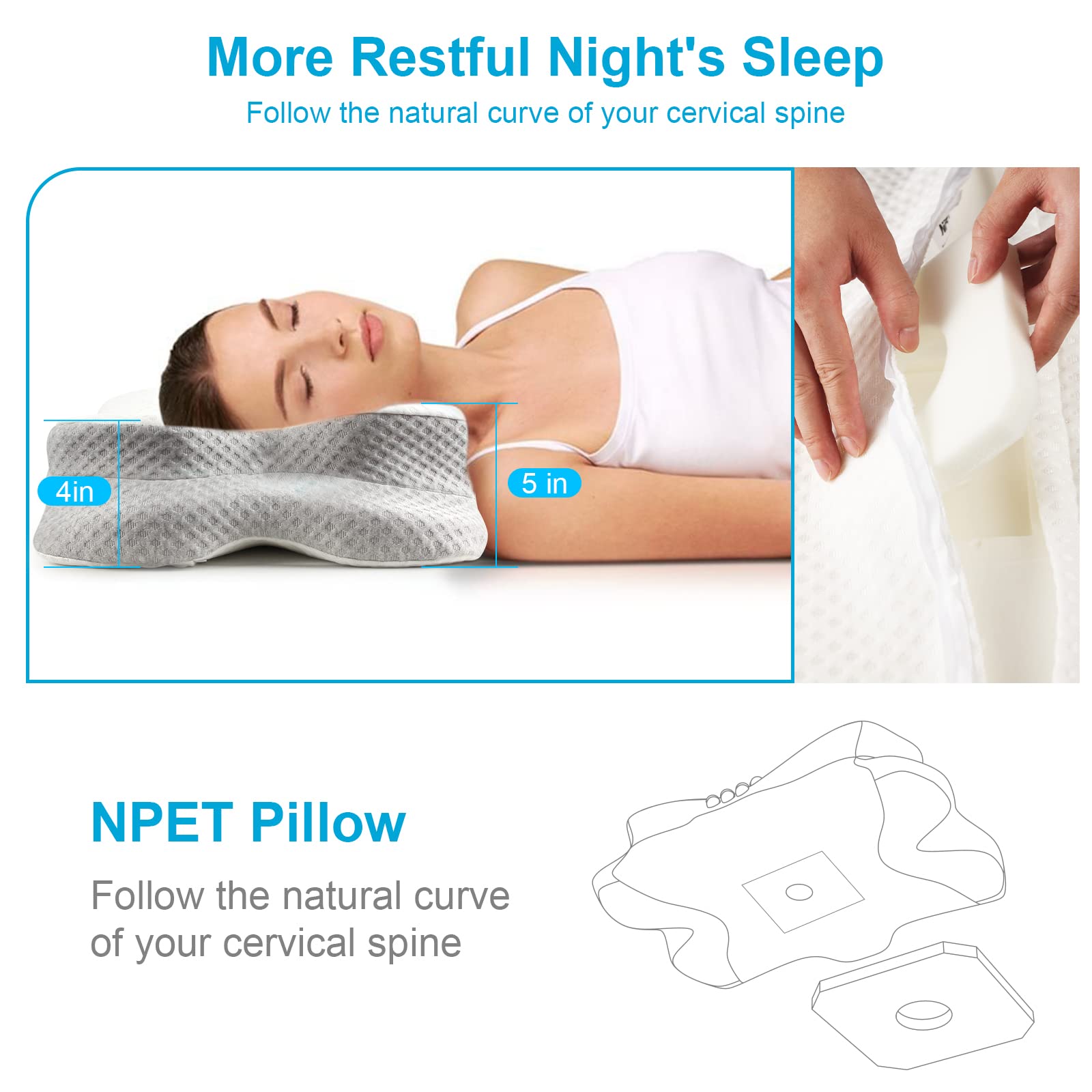 NPET Cervical Pillow for Neck Pain Relief, Hollow Design Ergonomic Memory Foam Pillow with Skin-Friendly Pillowcase, Adjustable Cervical Support for Side Back Stomach Sleepers