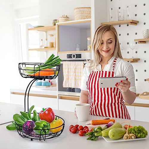 Sishynio 2-Tier Fruit Basket Bowl with 2 Banana Hangers for Kitchen Counter, Metal Wire Basket Vegetable Storage Countertop Fruits Stand Organizer, Detachable Fruit Holder for Bread, Snack, Veggies