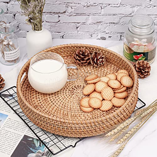 Rattan Round Serving Tray with Handles Large Hand Woven Wicker Basket Tray for Food,Dinner,Breakfast,Coffee Table,Ottoman (Set of 2)