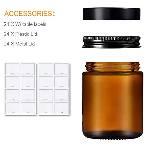 PrettyCare 24 Pack 8 OZ Amber Candle Jars for Making Candles, Round Glass Jar with Lids Leakproof Containers for Food Storage, Canning Jar for Spice, Liquid, Powder, Lotions