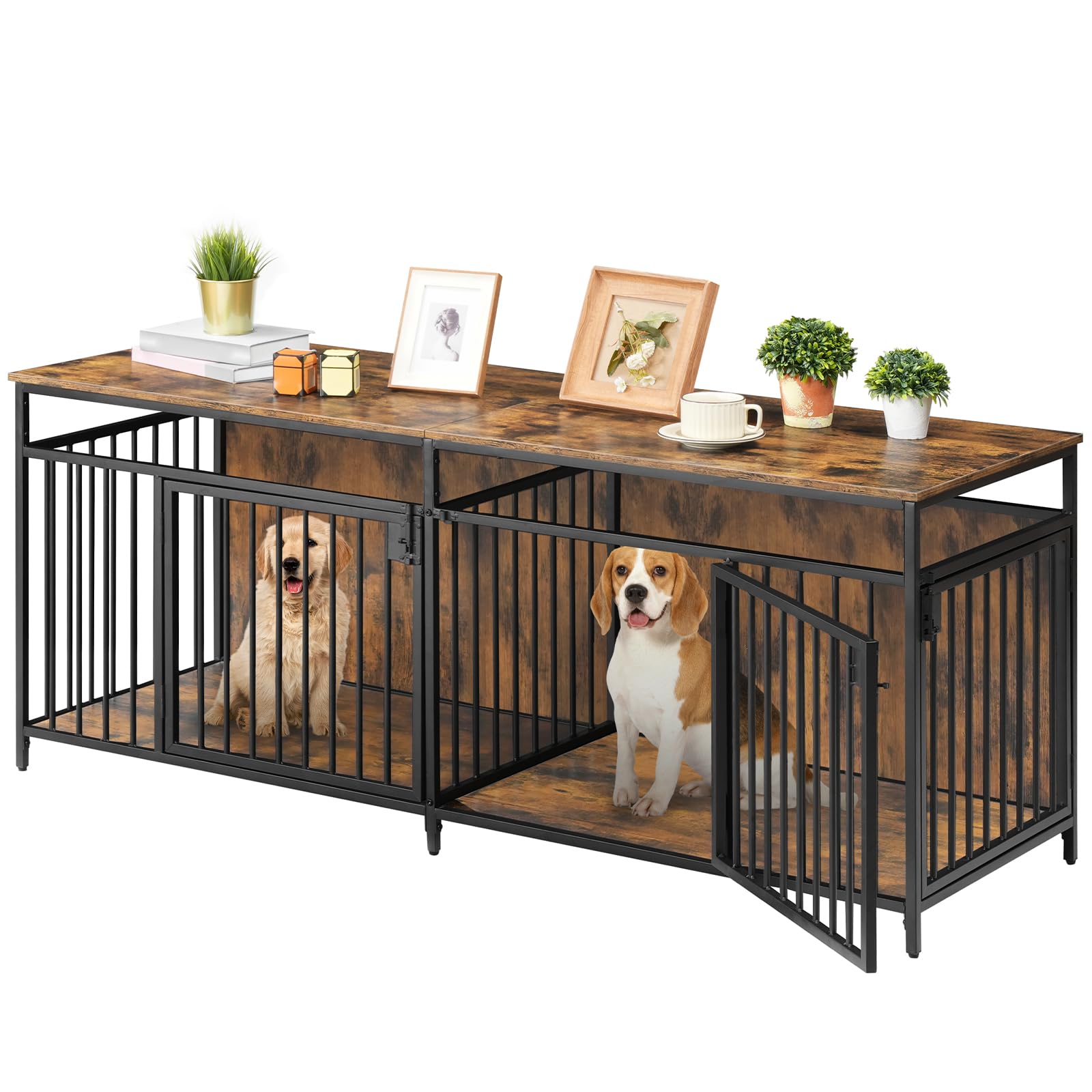 HOOBRO Dog Crate Furniture, 62.9" Dog Kennel Indoor End Table with Removable Divider, Three Doors Wooden Cage for Large/Medium/Small Dog, Heavy-Duty Chew-Resistant, Rustic Brown and Black BF160GW03