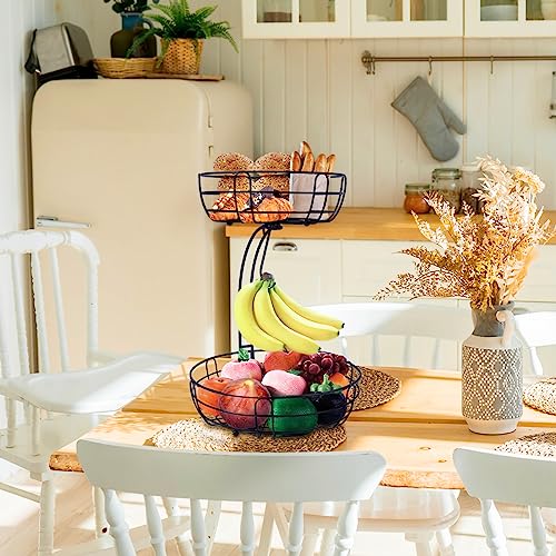 Sishynio 2-Tier Fruit Basket Bowl with 2 Banana Hangers for Kitchen Counter, Metal Wire Basket Vegetable Storage Countertop Fruits Stand Organizer, Detachable Fruit Holder for Bread, Snack, Veggies