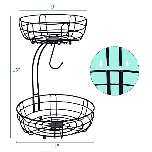 Sishynio 2-Tier Fruit Basket Bowl with 2 Banana Hangers for Kitchen Counter, Metal Wire Basket Vegetable Storage Countertop Fruits Stand Organizer, Detachable Fruit Holder for Bread, Snack, Veggies