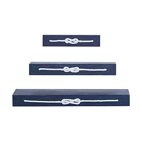 Deco 79 Wood Rectangle Wall Shelf with Knotted Rope, Set of 3 32", 24", 16"W, Blue