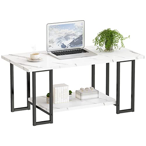 AWQM Marble Coffee Table, Faux Marble Top Rectangular Coffee Table with Black Metal Frame, 2 Tier Living Room Table for Living Room, Office, Balcony, White, 40 Inch