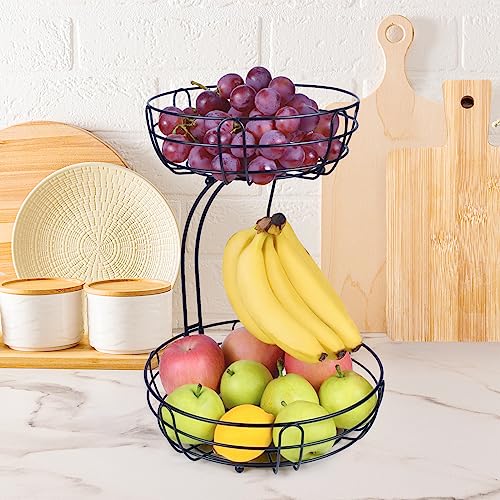 Sishynio 2-Tier Fruit Basket Bowl with 2 Banana Hangers for Kitchen Counter, Metal Wire Basket Vegetable Storage Countertop Fruits Stand Organizer, Detachable Fruit Holder for Bread, Snack, Veggies