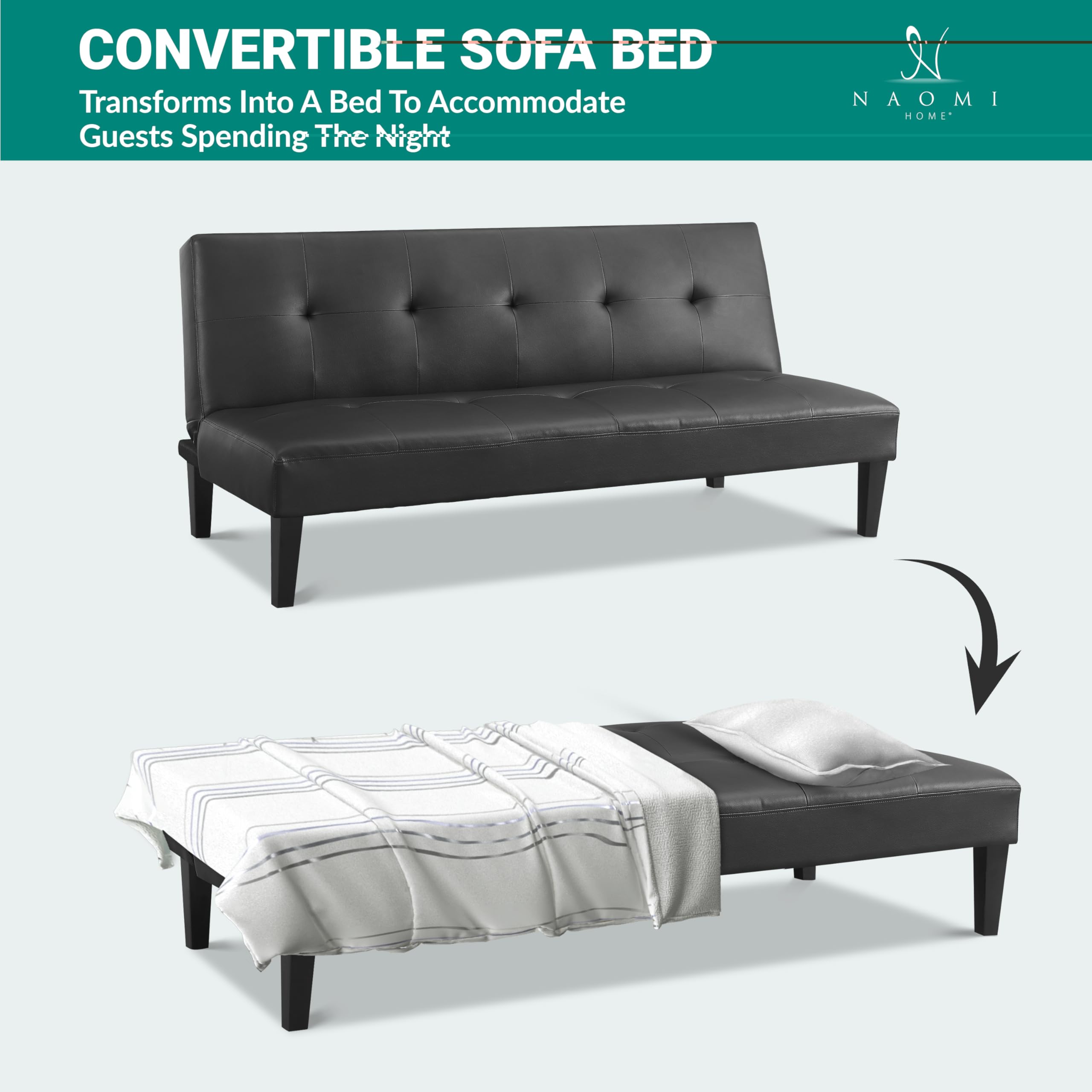 Naomi Home Button Tufted Futon Sofa Bed, Faux Leather Futon Couch, Modern Convertible Folding Sofa Bed Couch with Wooden Legs, Reclining Small Couch Bed, Futon Bed for Living Room, Dorm Black