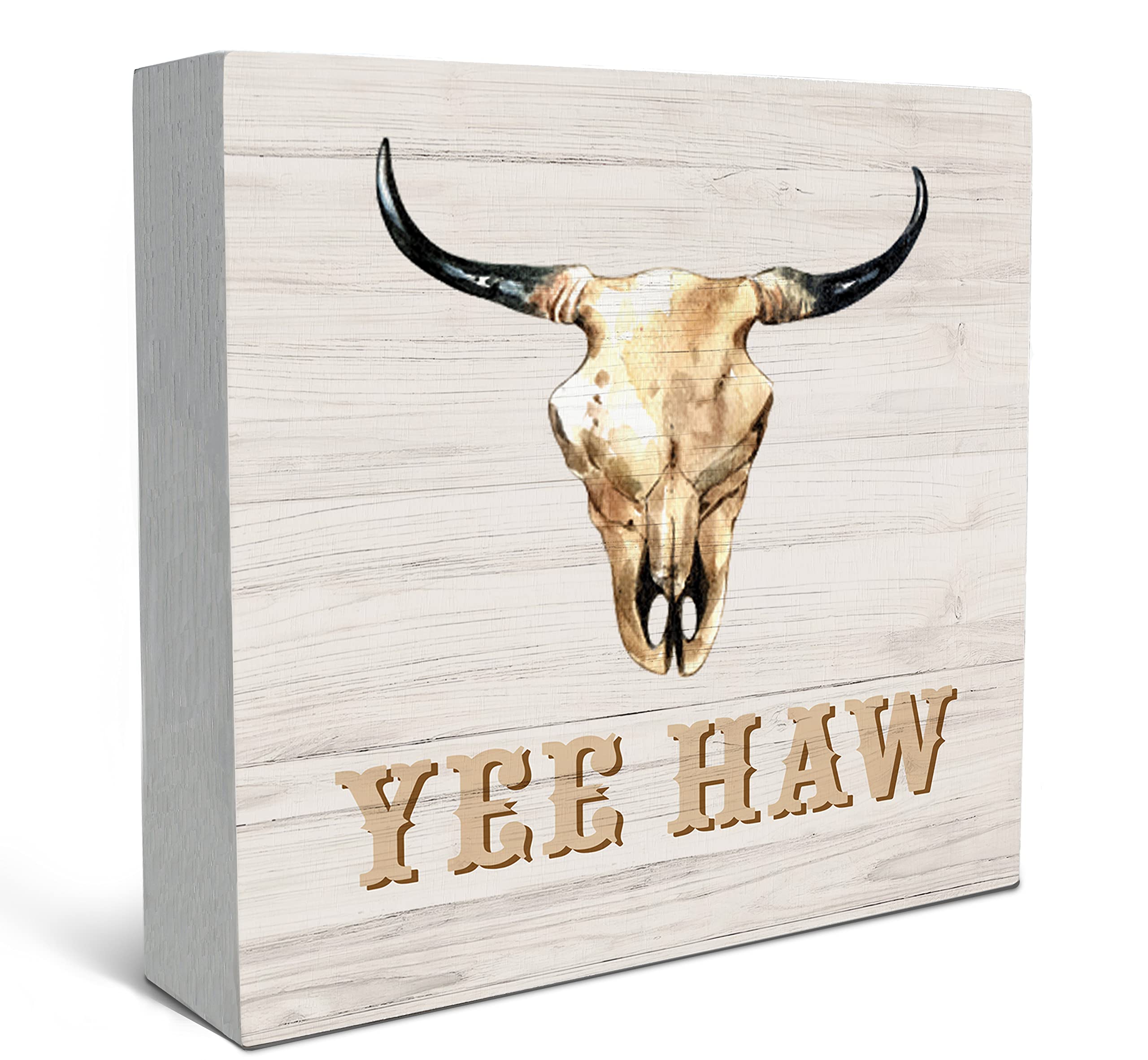 SRADMO Yee Haw Retro Western Bull Head Skull Wood Box Sign Desk Decor,Retro Western Cowboy Cowgirl Rodeo Theme Wooden Block Box Sign Decoration For Western Home Office Shelf Table Decor