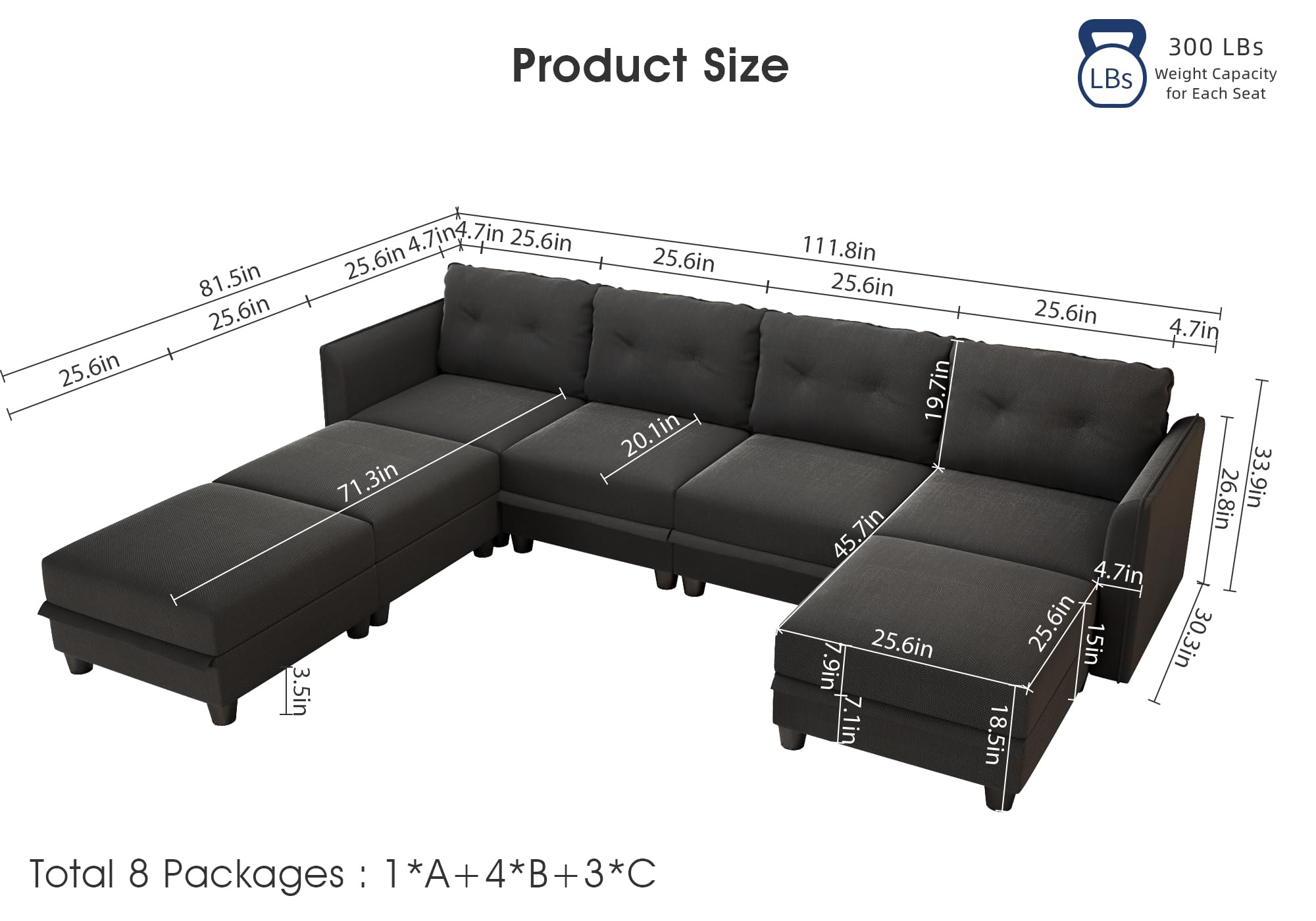 LLappuil Modular Sectional Sofa with Storage U Shaped Couch with Reversible Chaise Luxury Velvet Sofas for Living Room 4 Seats with 3 Ottomans Denim Black Grey